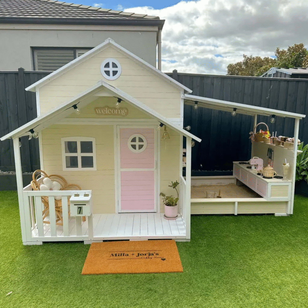 Cubby House with Mud Kitchen and Sandpit – Wooden Outdoor Playhouse ...